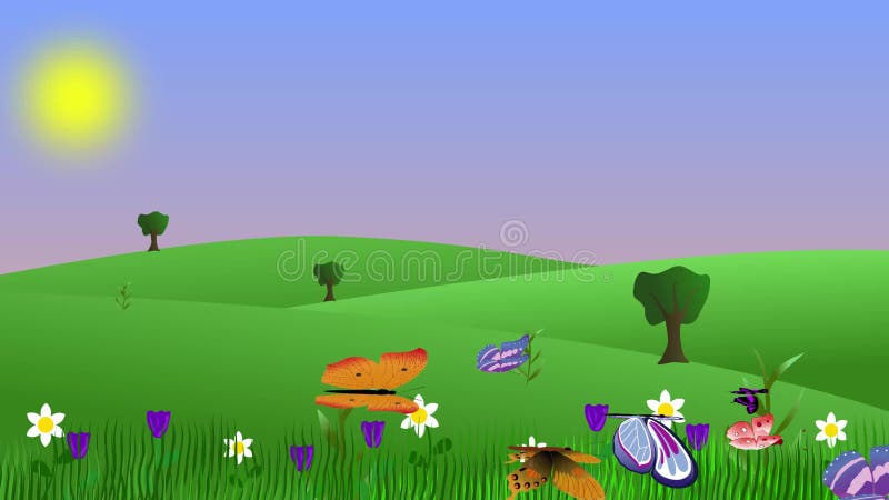 Spring Environment Animation with Butterflies and Fields, Flat Graphic ...