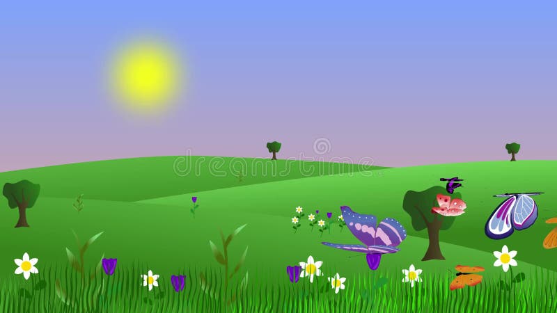 Spring Environment Animation with Butterflies and Fields, Flat Graphic ...