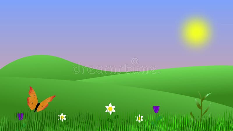 Spring Environment Animation with Butterflies and Fields, Flat Graphic ...