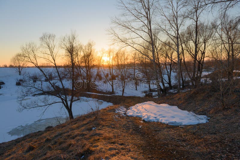 Spring Evening Landscape with a Large Pool of Melting Snow Stock Image ...