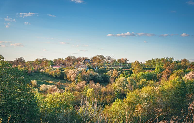 Spring evening landscape stock image. Image of town - 234952785