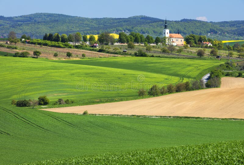 Spring Farm Landscape with Green Fields and Old City Stock Image ...