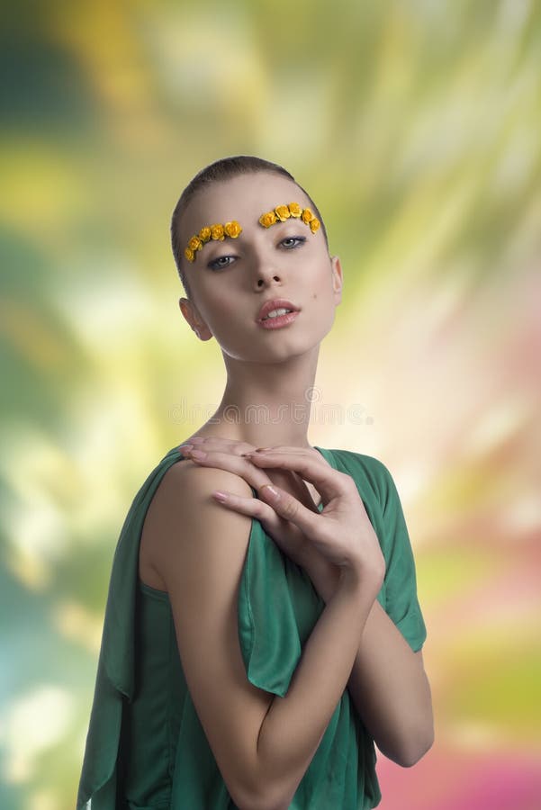 Spring Beauty Girl with a Rose Looking Away on Beige Background Stock ...