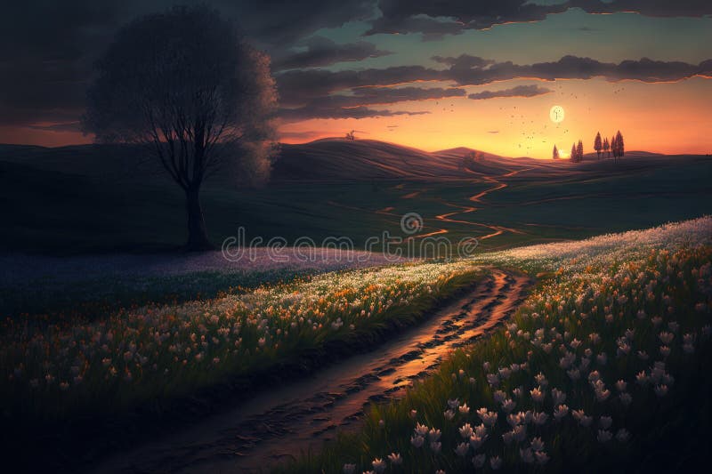 The spring field at dusk stock illustration. Illustration of bright ...