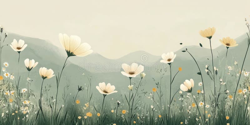 Minimalist Spring Field with Flowers Stock Illustration - Illustration ...