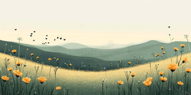 Minimalist Spring Field with Flowers Stock Illustration - Illustration ...