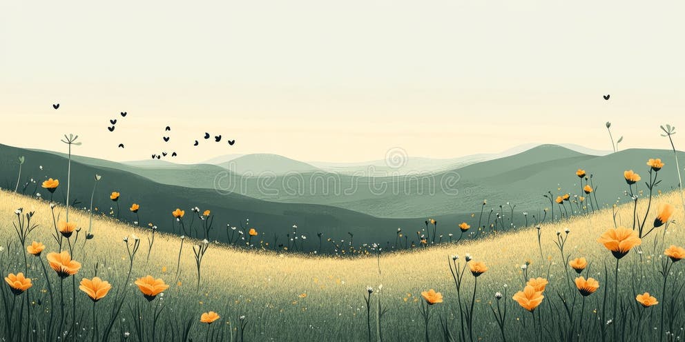 Minimalist Spring Field with Flowers Stock Illustration - Illustration ...