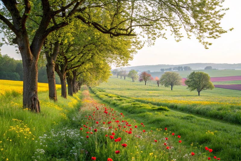 Spring Fields & Allee in Summer Stock Illustration - Illustration of ...