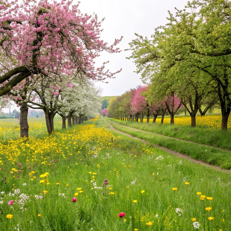 Spring Fields & Allee in Summer with Intense Colors Stock Illustration ...