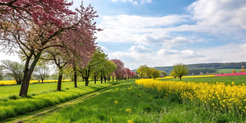 Spring Fields & Allee in Summer, Wonderful Intense Colors Stock ...