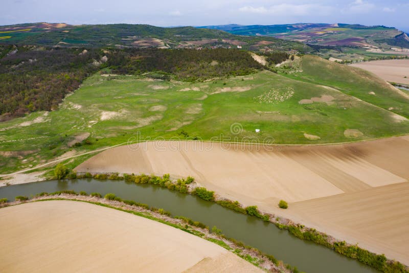 Spring Fields with River - Drone View Stock Image - Image of river ...