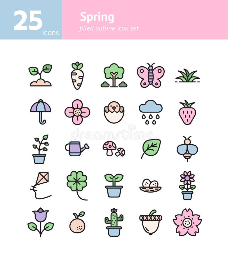 Spring Filled Outline Icon Set. Stock Vector - Illustration of green ...