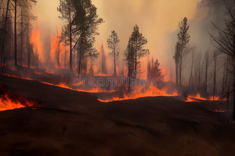 Spring Fires Creepy Shots, Burning Trees and Grass Stock Illustration ...