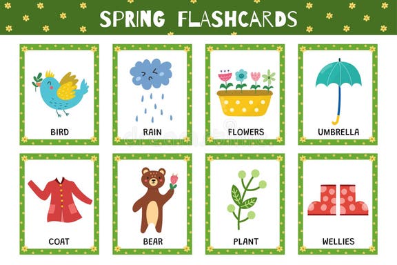 Spring Flashcards Collection for Kids. Flash Cards Set with Cute ...
