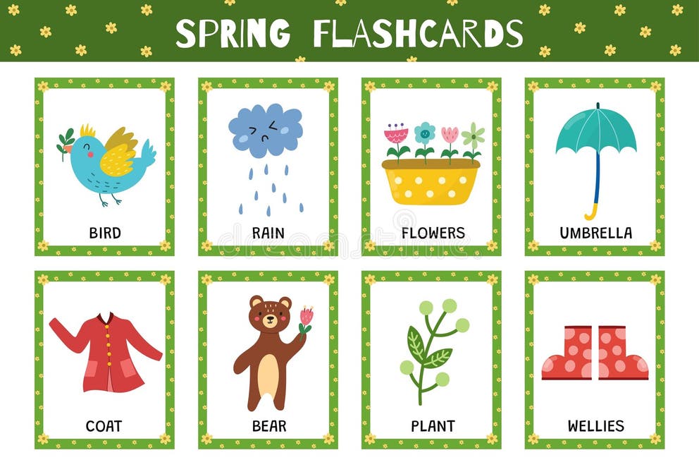 Spring Flashcards Collection for Kids. Flash Cards Set with Cute ...