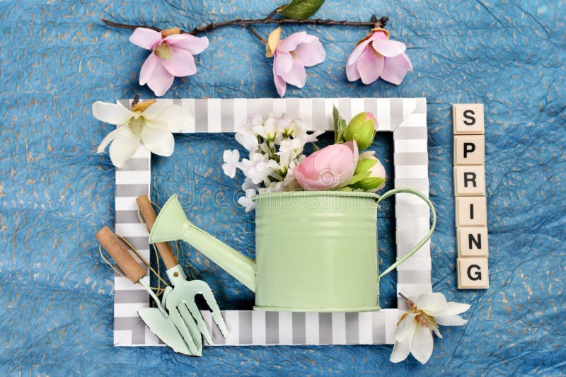 Spring Flat Lay Background with Watering Can and Gardening Tools Inside ...