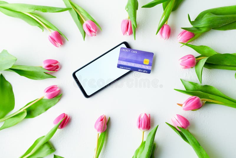 Spring Flat Lay with Credit Card on White Stock Photo - Image of ...