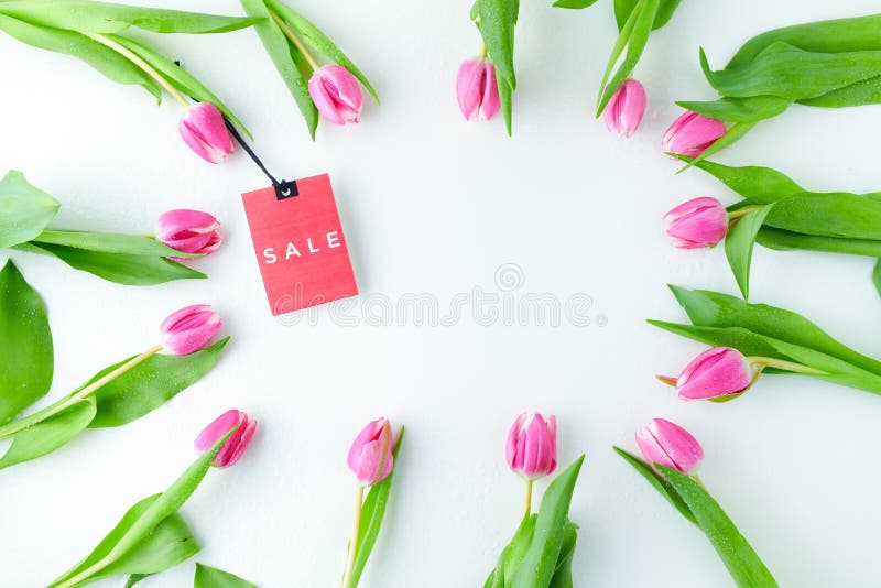 Spring Flat Lay with Sale Label and Tulips on White Stock Photo - Image ...