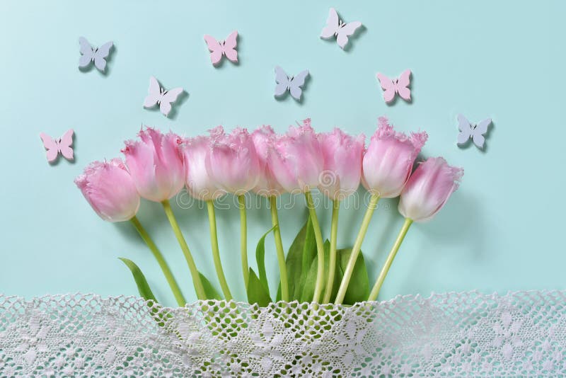 Spring Flat Lay Composition with Lettering, Pink Background with ...