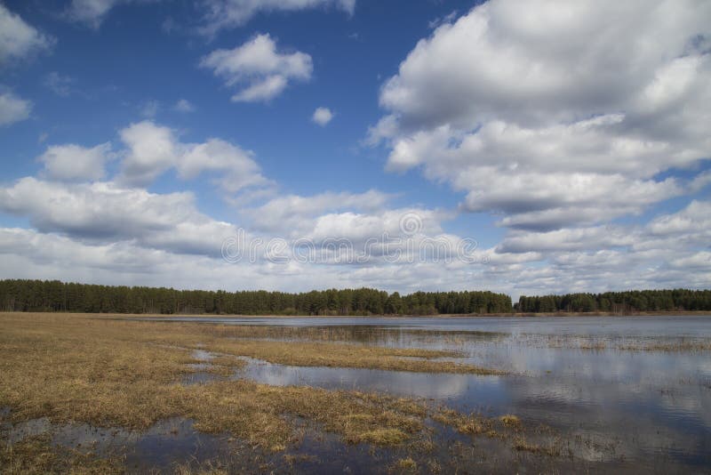 Spring Flood on the Lake. Beautiful Sky with Clouds Over the Lake Stock ...