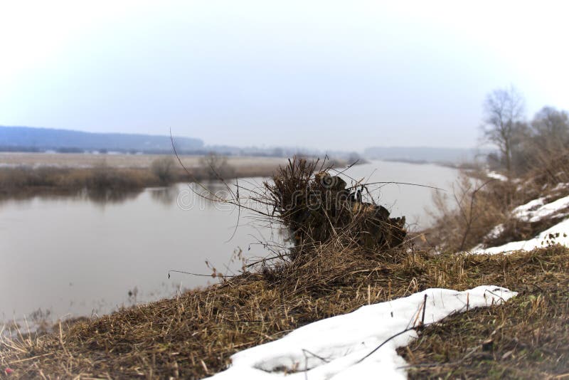 Small spring river with snow, Spring flood landscape in one of days of