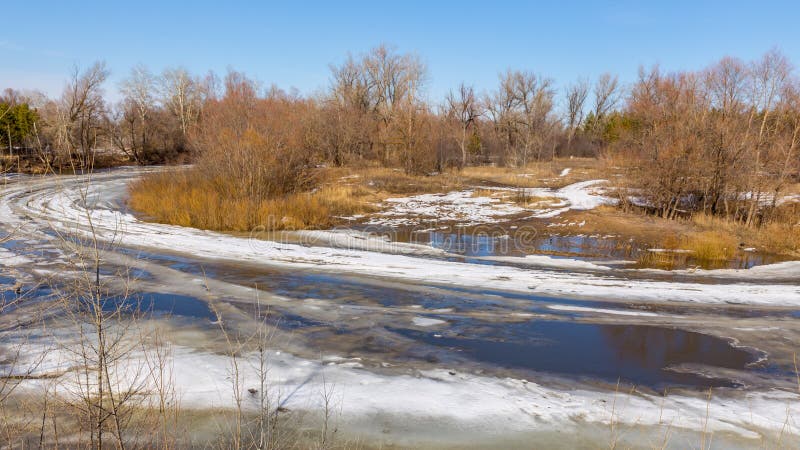 Spring flood on the river. stock photo. Image of russian - 157085938
