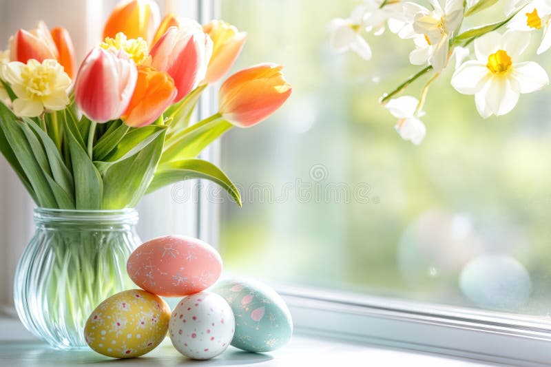 Spring Floral Arrangement with Tulips and Daffodils Next To Decorated ...