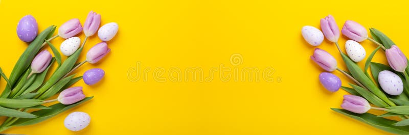 Spring Floral Banner with Multicolored Tulips on Yellow Background. Top ...