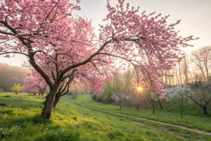 Spring Floral Border with Pink Blossoms and Sun Flare Stock ...