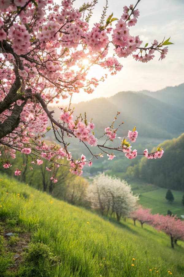 Spring Floral Border with Pink Blossoms and Sun Flare Stock ...