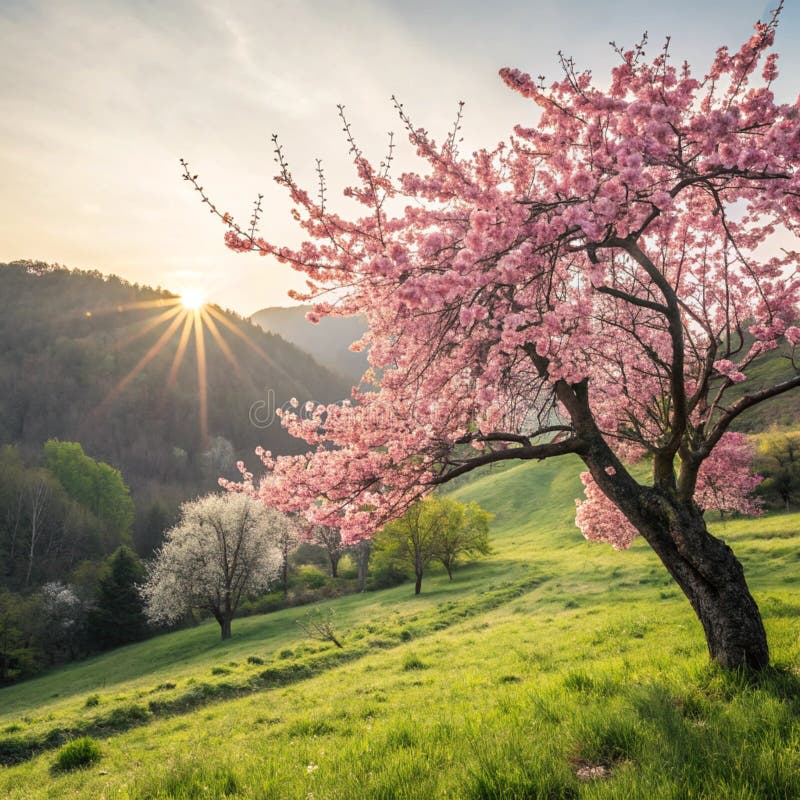 Spring Floral Border with Pink Blossoms and Sun Flare Stock ...