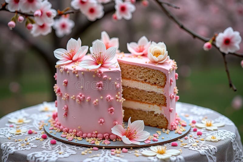 Spring Floral Cake with Cherry Blossom Decor on Lace Tablecloth ...