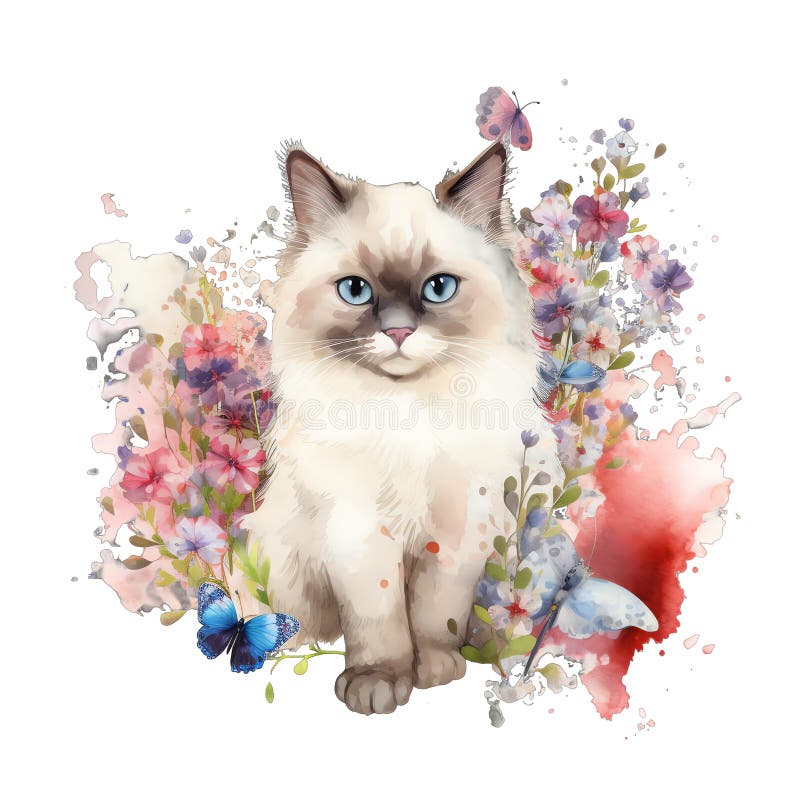 Spring Floral Cat Watercolor Illustration, Spring Clipart Stock ...