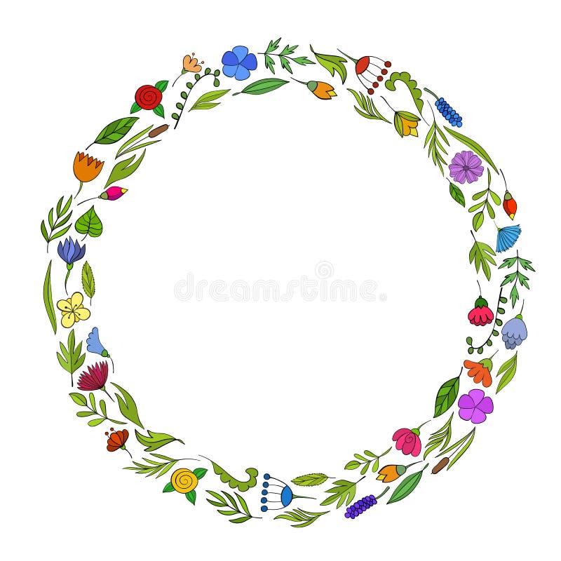 Spring Floral Circle Frame Border with Flowers and Leaves Stock Vector ...