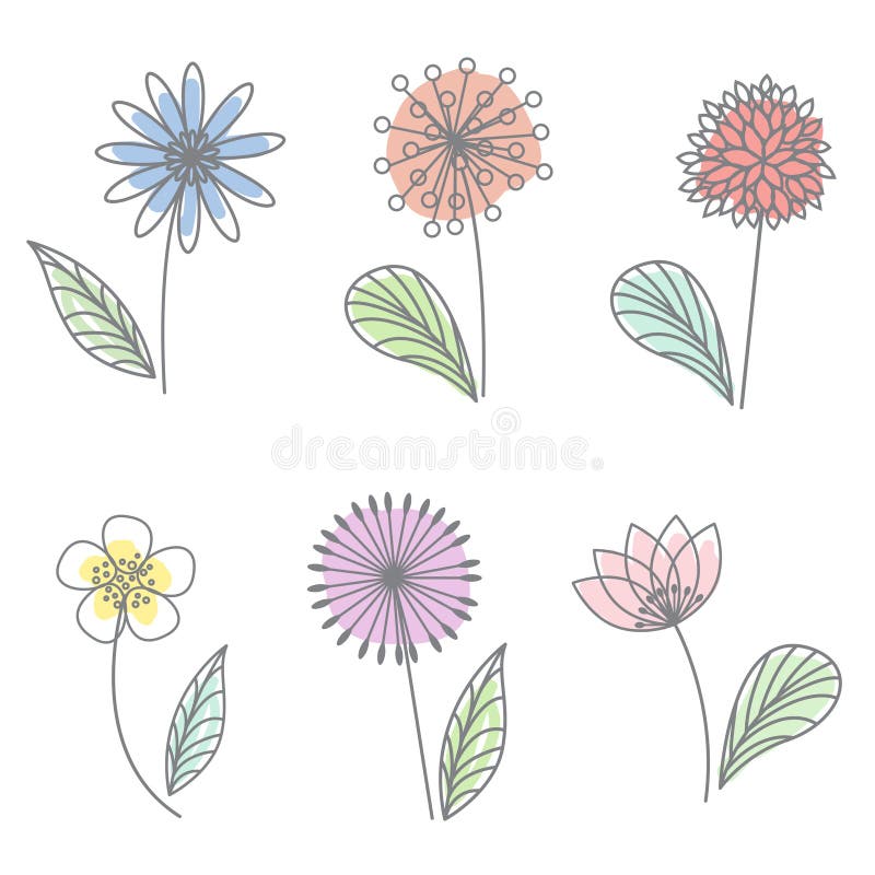 Spring Floral Flower Pastel Line Draw Art Vector Set Design Stock ...