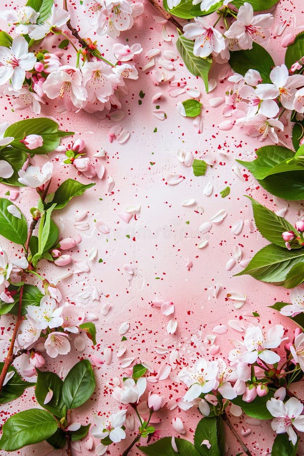 Spring Floral Frame, Cherry Blossom Border on Pastel Pink Background ...