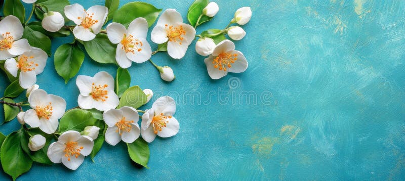 Spring Floral Frame with White Jasmine Flowers on Azure Texture ...