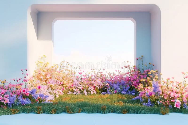 Spring Floral Installation Scene with Geometric Arch Form. 3d Rendering ...