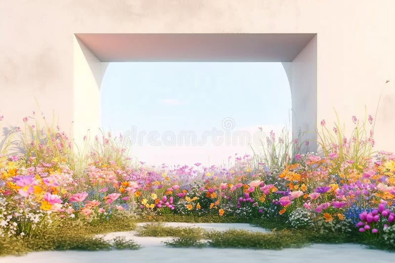 Spring Floral Installation Scene with Geometric Arch Form. 3d Rendering ...