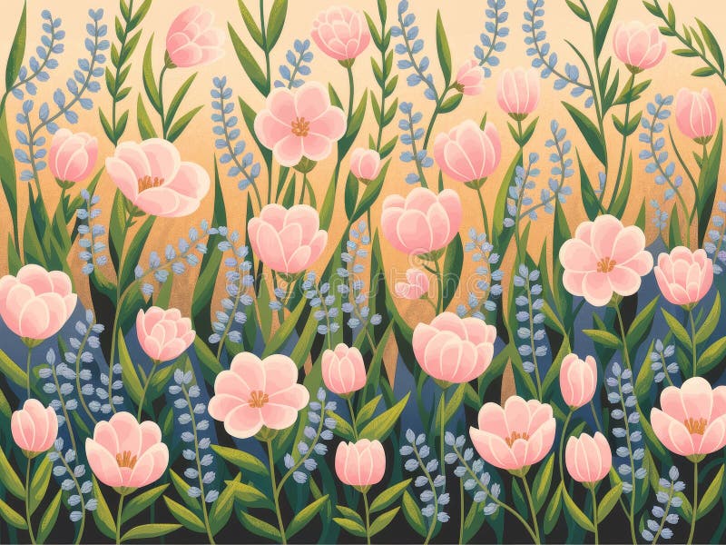 Spring Floral Pattern with Pink Tulips and Lavender on a Gradient ...