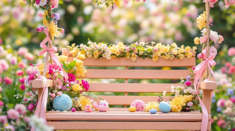 Spring Floral Swing with Easter Decorations in a Blooming Garden Stock ...