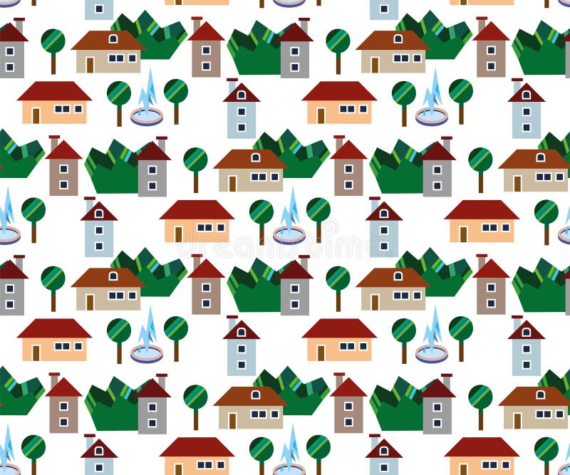 Town Seamless Pattern with Colour Houses and Graphic Trees. Design for ...
