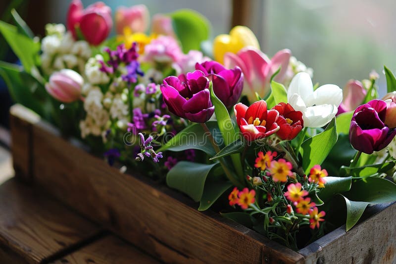 Spring Flower Box with Colorful Flowers. Generative AI Stock ...