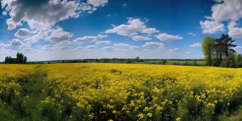 Spring Flower Field and Blue Sky with White Clouds. Generative AI Stock ...