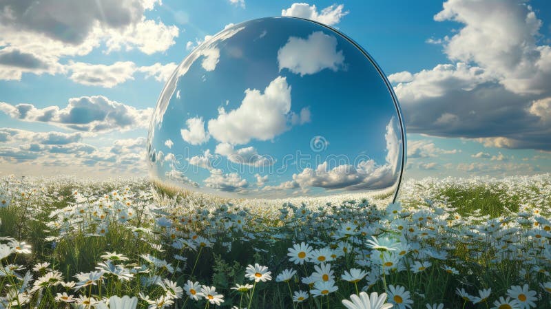 Spring Flower Field with Sky Reflection in Mirror. 3D Rendering Stock ...
