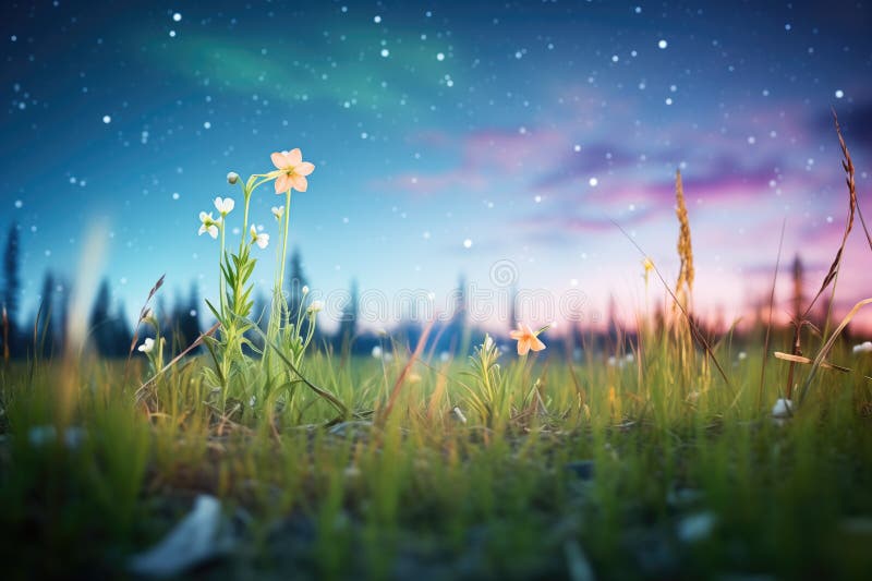 Spring Flower Field Under a Faint Aurora Stock Image - Image of flower ...