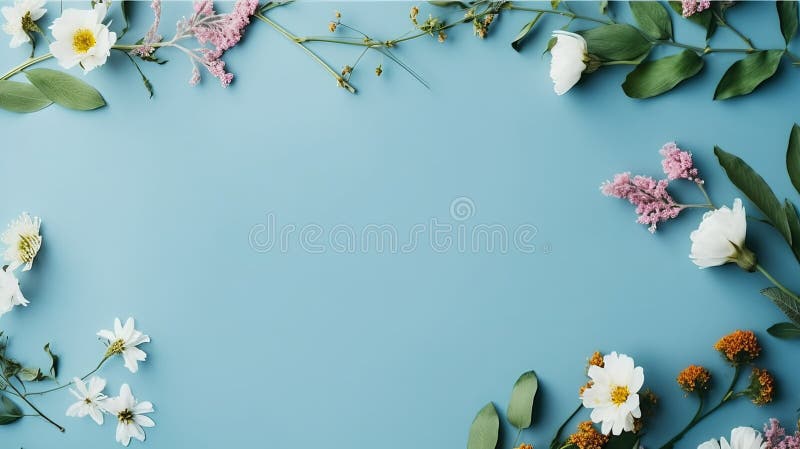 Spring Flower Frame on Blue Background Copy Space Flat Lay Mock Up ...