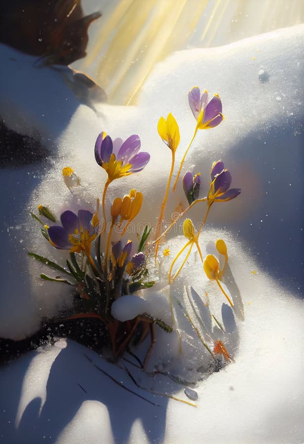 Spring Flower Grows on a Lawn in the Snow Under the Scorching Sun in ...