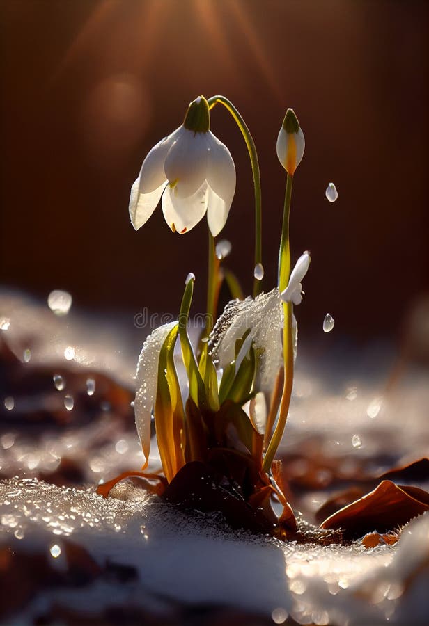 Spring Flower Grows on a Lawn in the Snow Under the Scorching Sun in ...