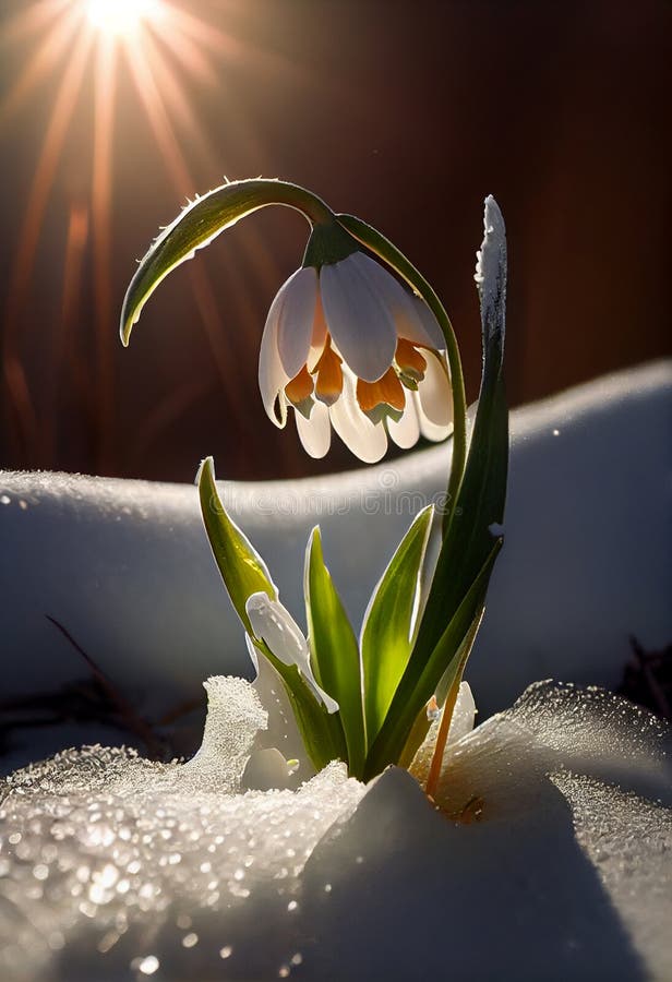Spring Flower Grows on a Lawn in the Snow Under the Scorching Sun in ...